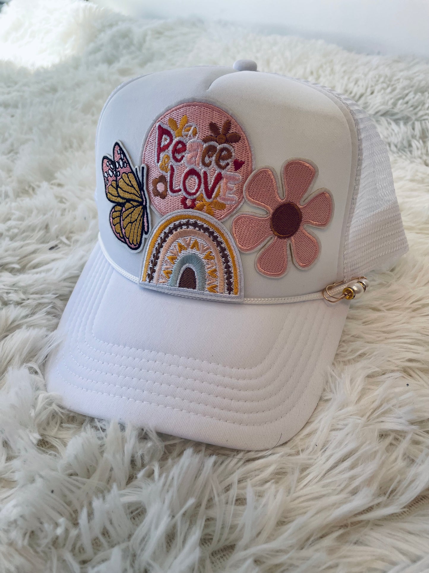Peace And Love Patch Trucker Hats Rolling Peach Boutique